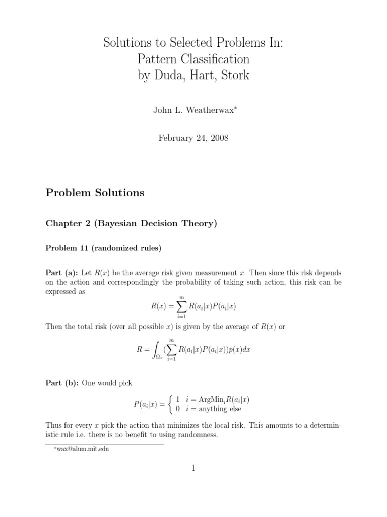 Solutions To Selected Problems-Duda, Hart | PDF | Teaching Mathematics | Statistical Theory