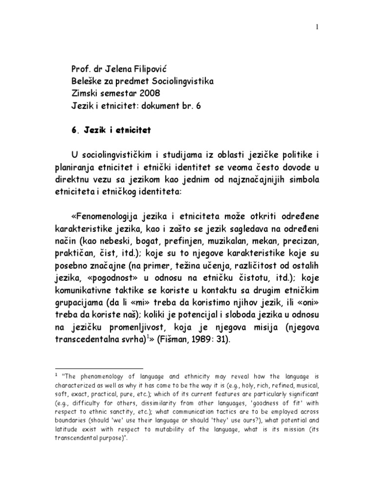 Jelena Filipovic, Jezik I Etnicitet | PDF