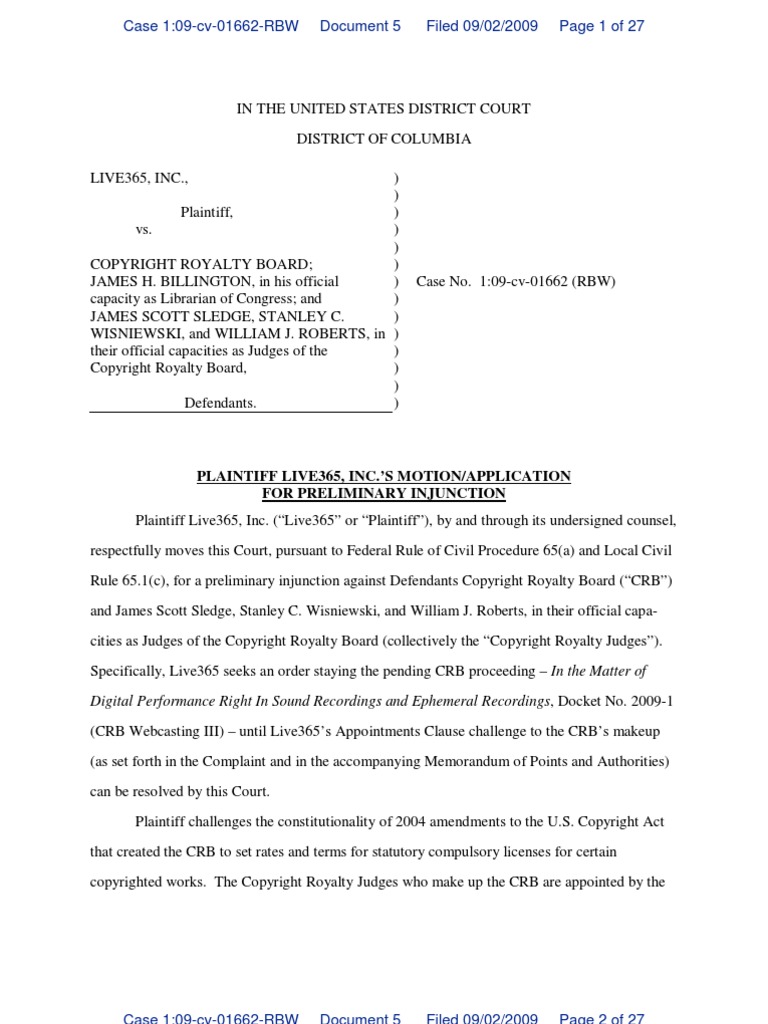 Motion For Preliminary Injunction in Live365 v. CRB | PDF | Federal ...