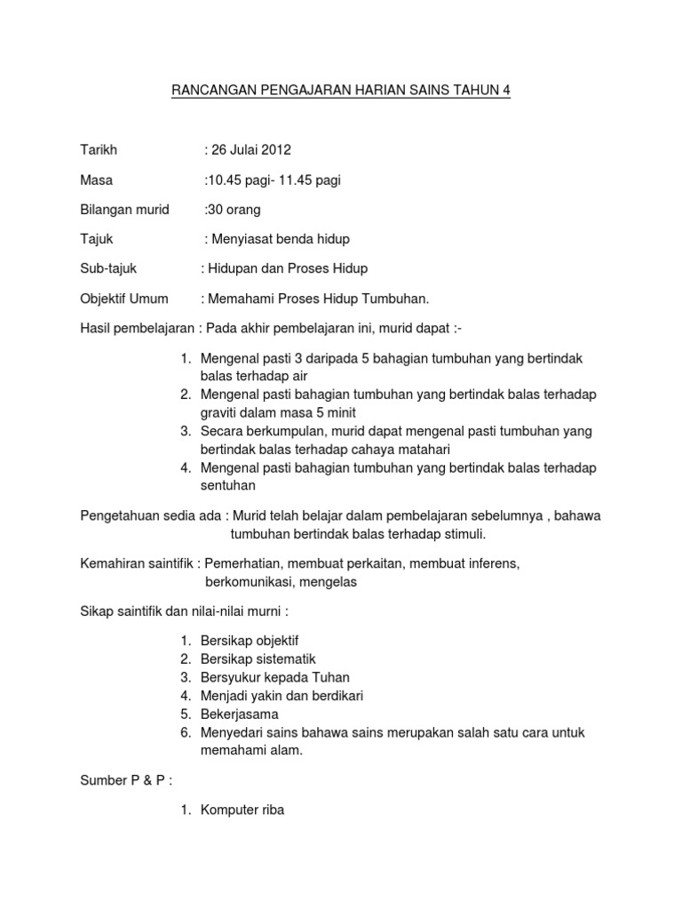 Sample RPH Sains TAHUN 4 | PDF
