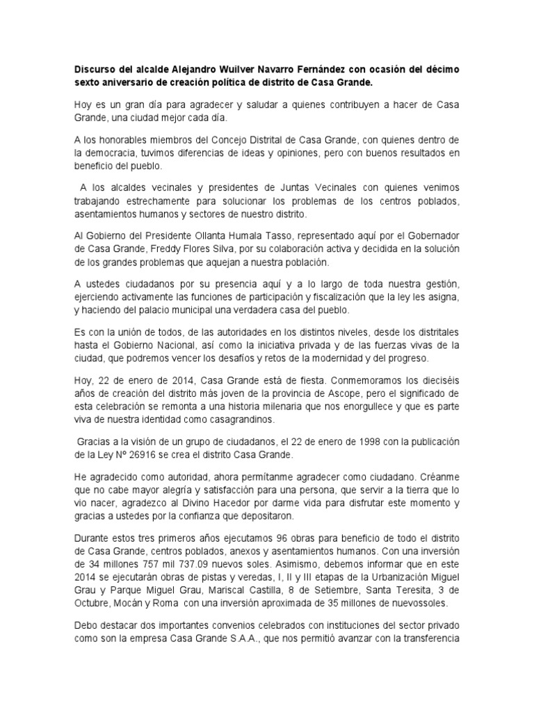 Discurso Del Alcalde Alejandro Wuilver Navarro Fernández Con Ocasión ...