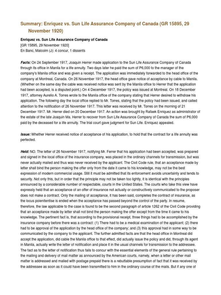 Enriquez vs. Sun Life: Contract Issues | PDF | Mail | Insurance