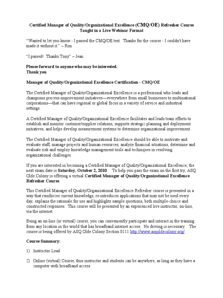 Certified Manager of Quality | Download Free PDF | Business