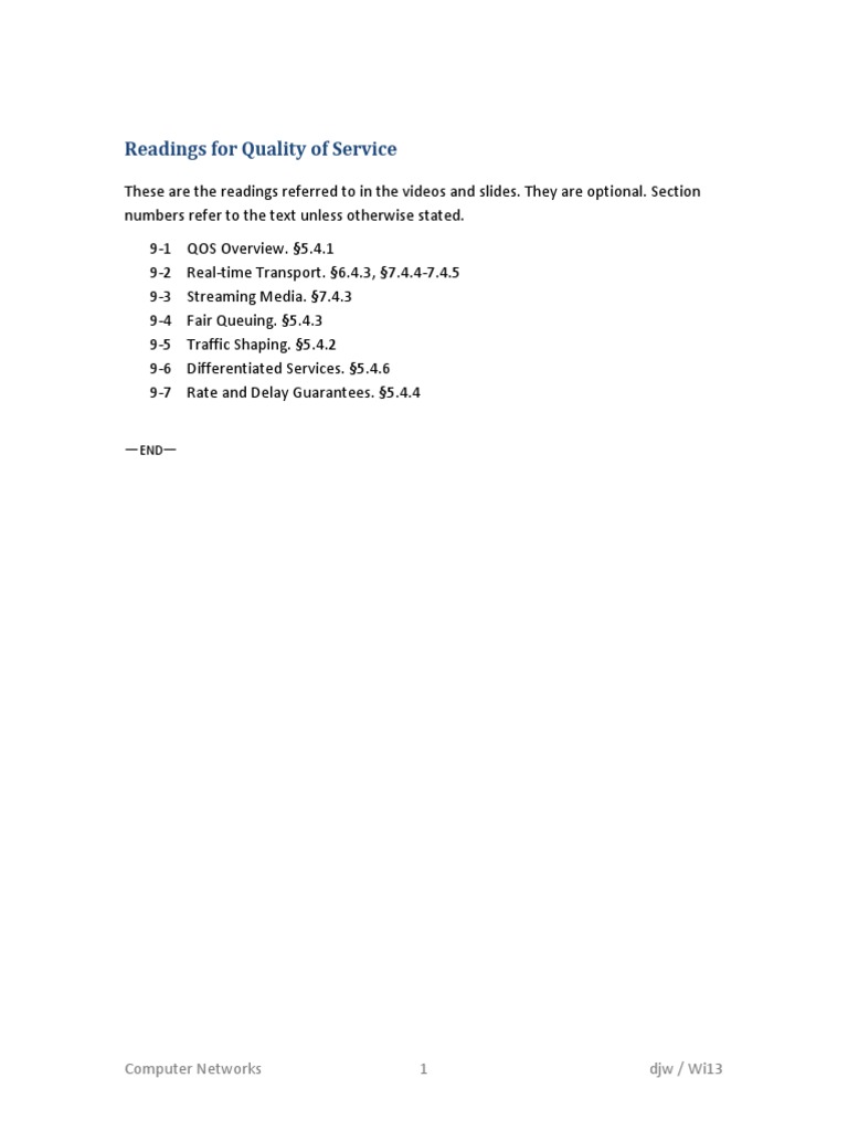 Readings For Quality of Service: Computer Networks 1 DJW / Wi13 | PDF