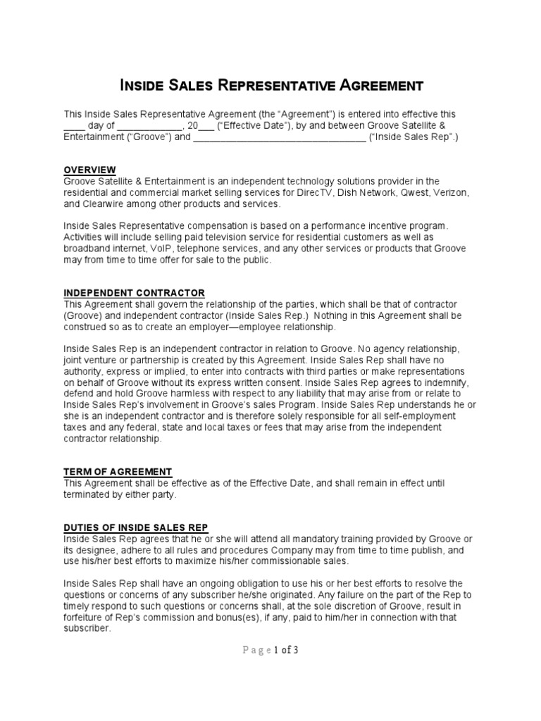 Inside Sales Rep Agreement Overview | PDF | Independent Contractor ...