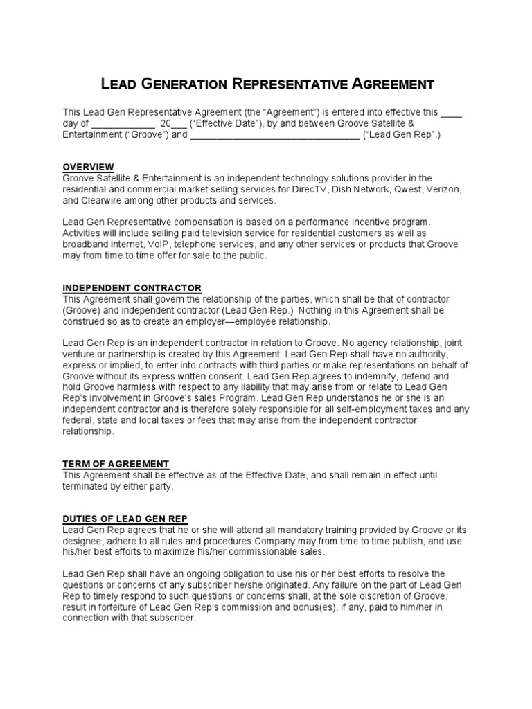 2009 Lead Generation Rep Agreement | PDF | Independent Contractor ...