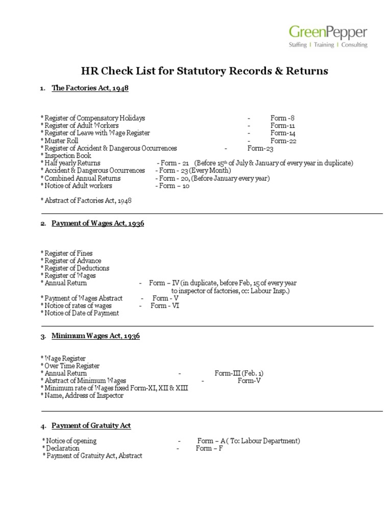 Statutory Compliance Checklist. | PDF | Wage | Employment