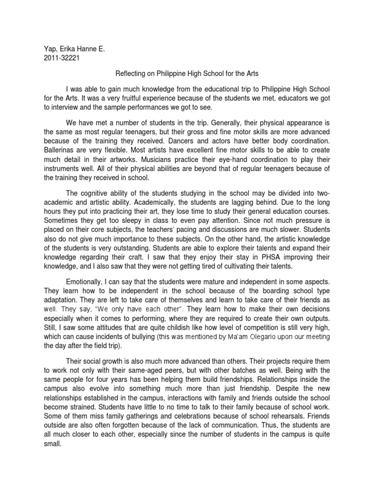 Reflection of Philippine High School For The Arts | PDF | Mentorship ...
