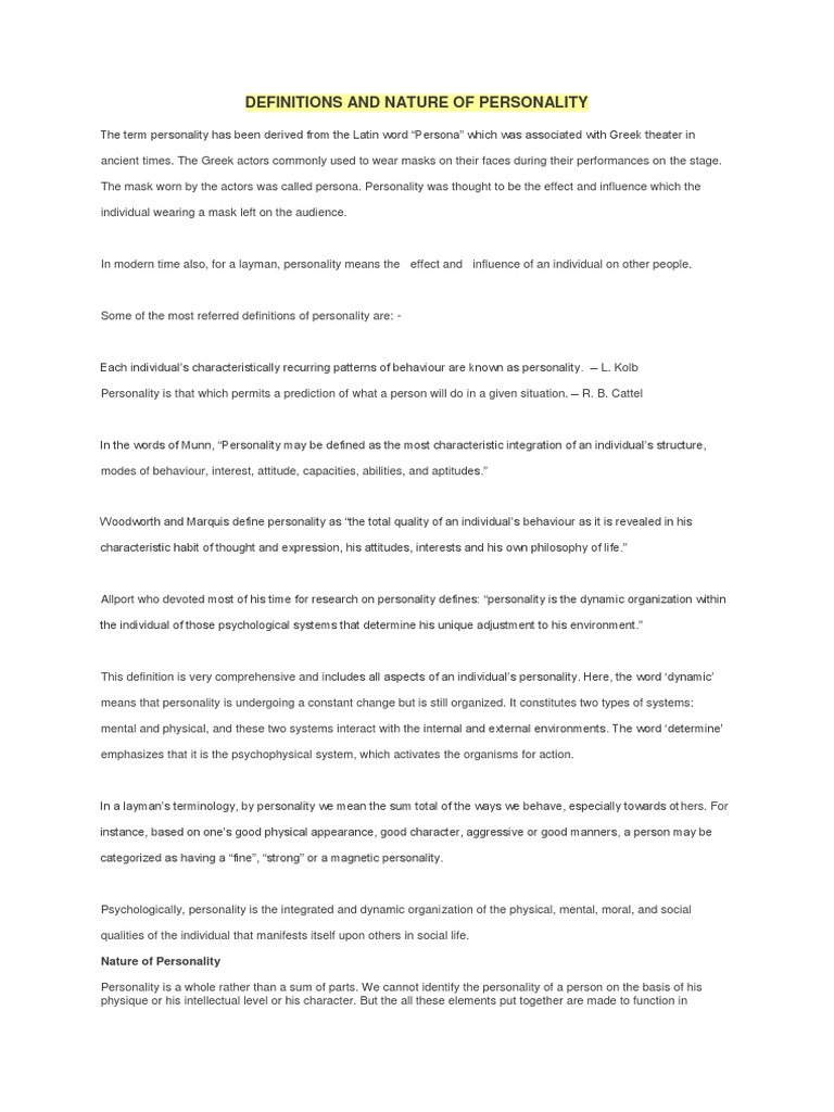 Definitions and Nature of Personality | PDF | Behavior | Self