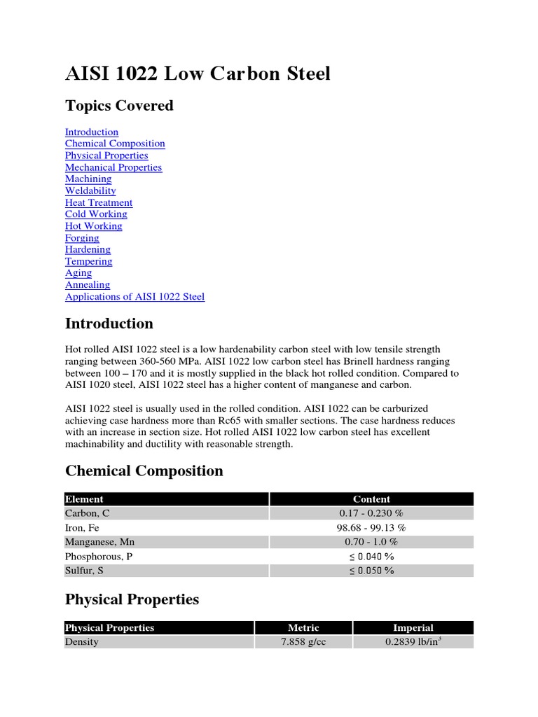 AISI 1022 Low Carbon Steel | PDF | Steel | Heat Treating