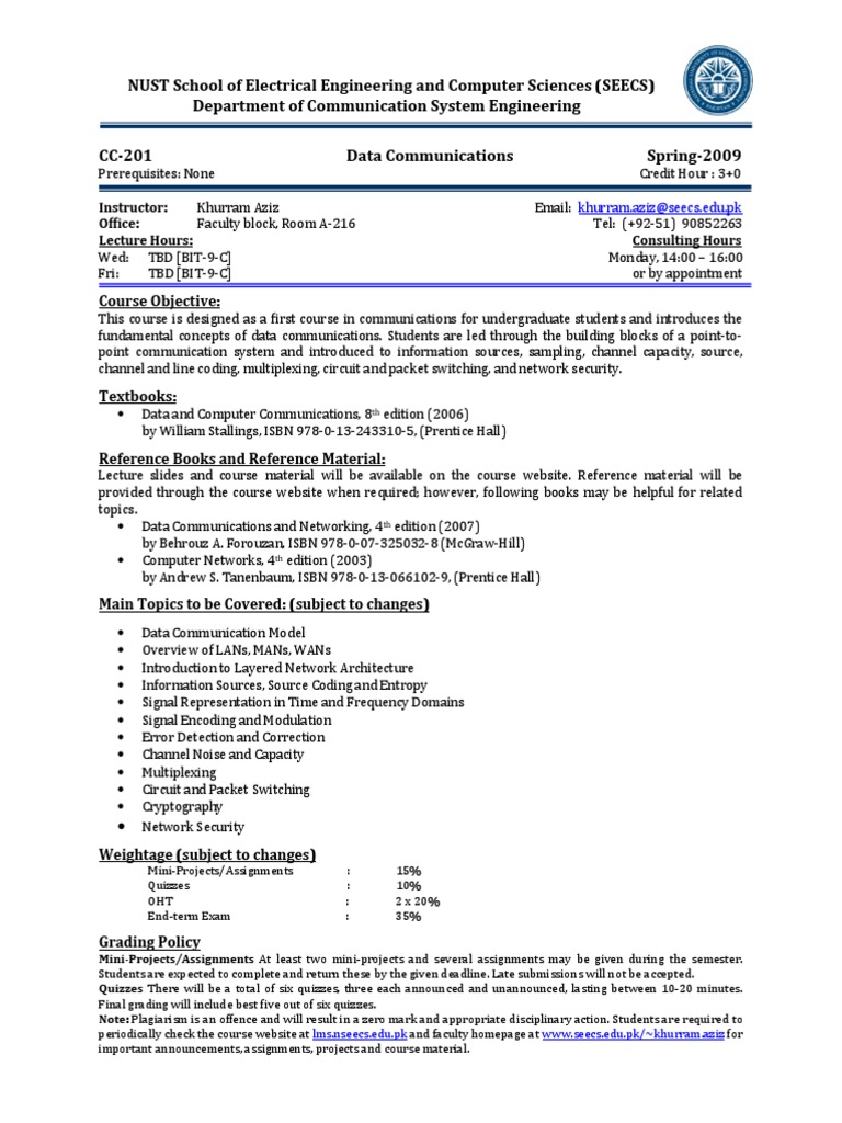 Data Communications Course Outline | PDF | Error Detection And ...