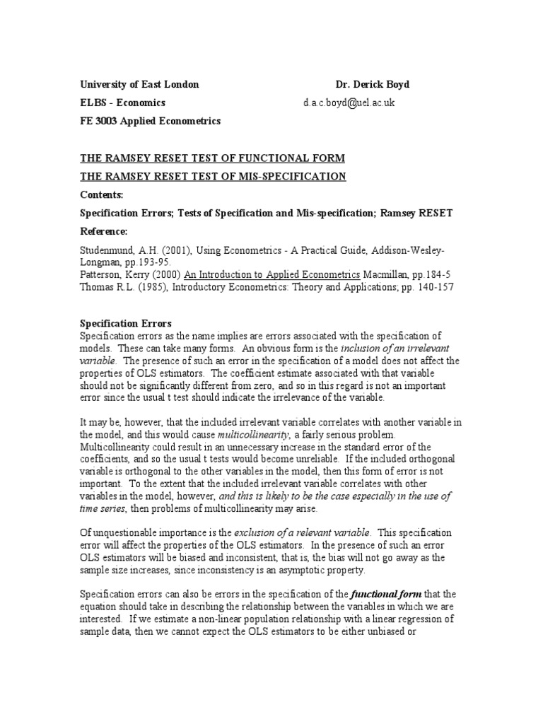 FE3003 Ramsey Reset Test | PDF | Estimator | Multicollinearity