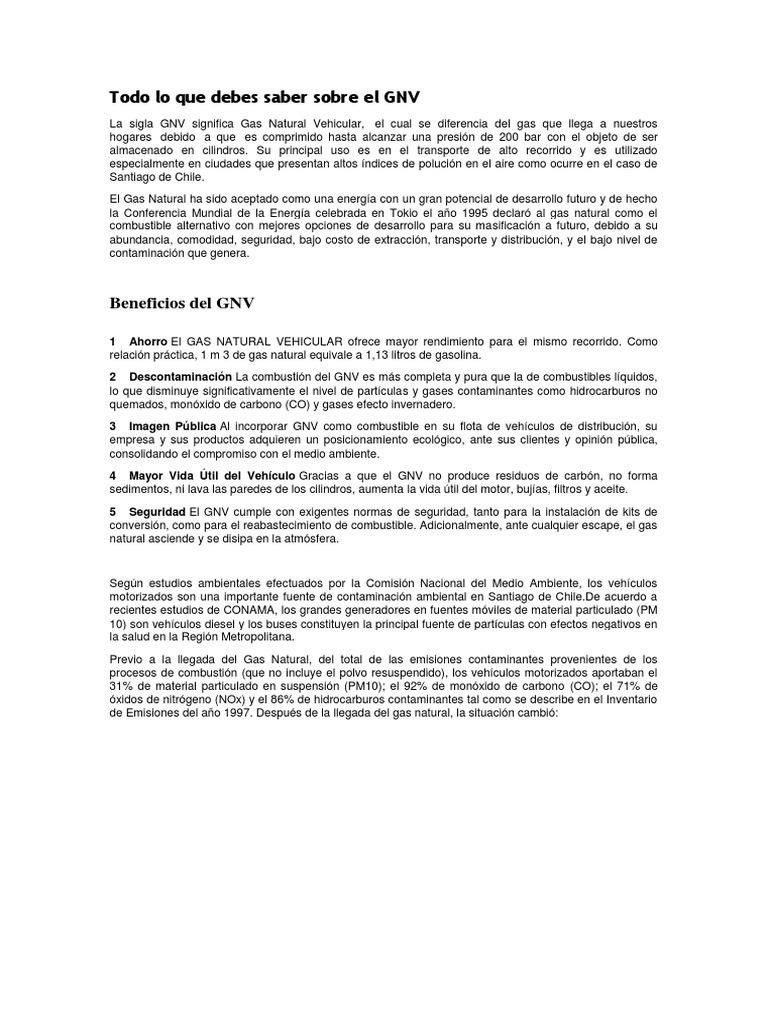 Todo Lo Que Debes Saber Sobre El GNV | PDF | Contaminación | Gas natural