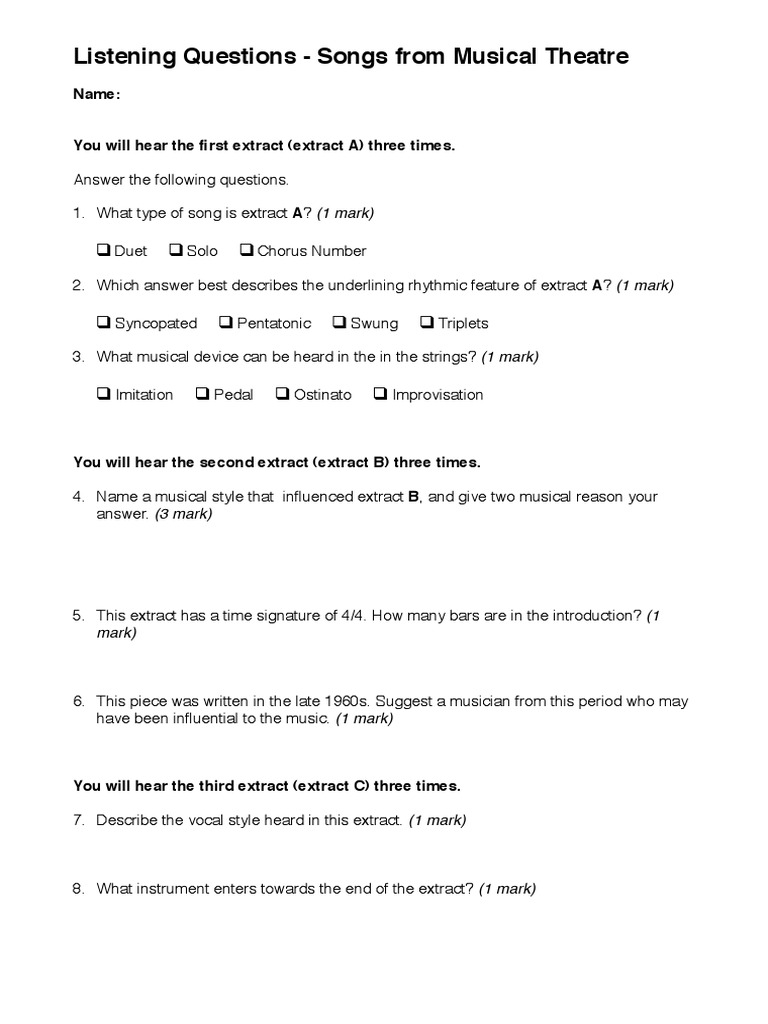 Listening Questions - Songs From Musical Theatre: Name | PDF