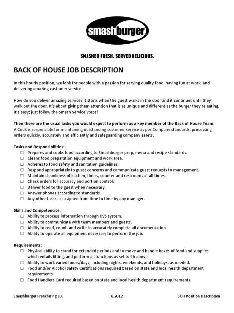 Back of House Job Description | PDF