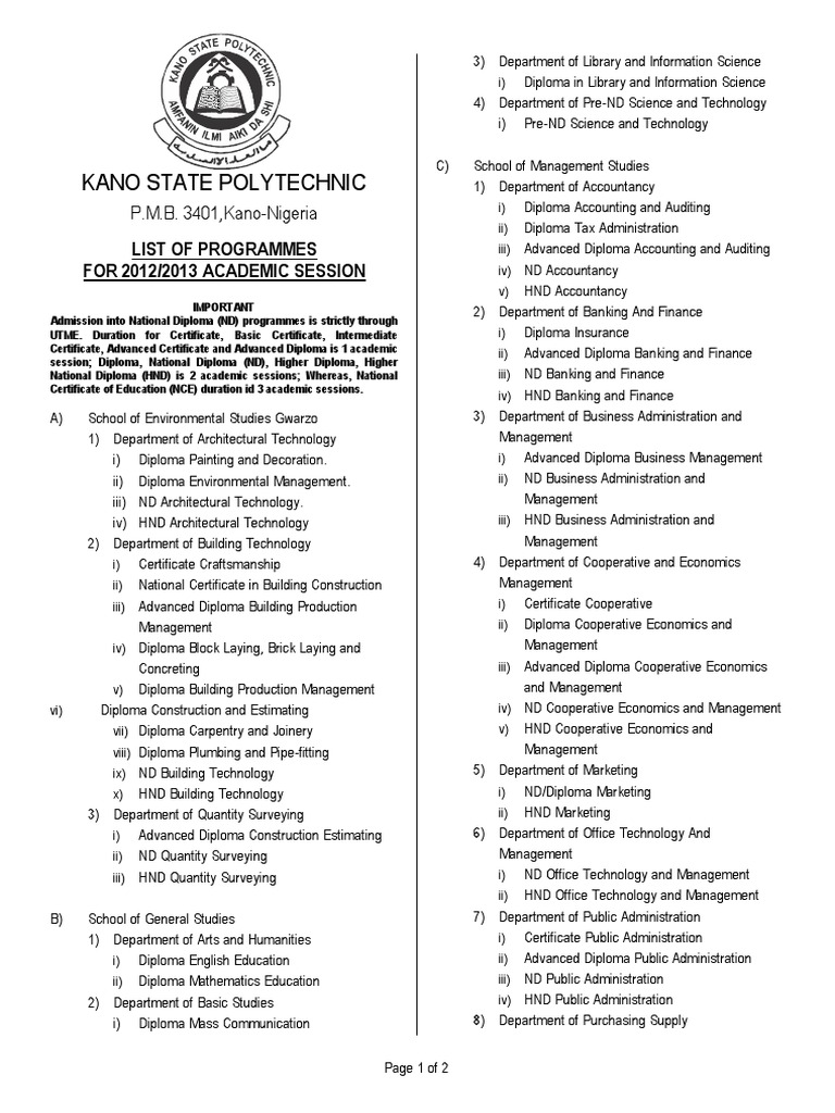 KanoPoly Programme List | PDF | Diploma | Institute Of Technology