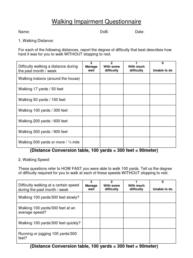 Walking Impairment Assessment Tool | PDF | Walking | Diseases And Disorders