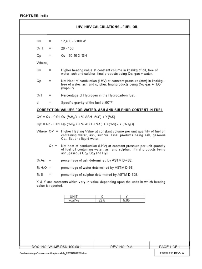 LHV and HHV Calculations for Fuel Oil | PDF | Technology & Engineering ...