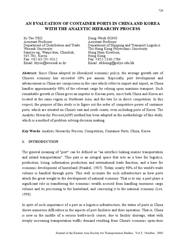 An Evaluation of Container Ports in China and Korea With The Analytic ...