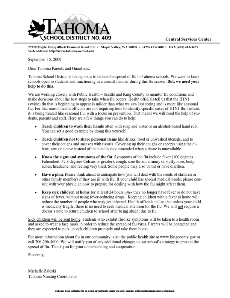 Parent Flu Letter | PDF | Influenza A Virus Subtype H1 N1 | Influenza