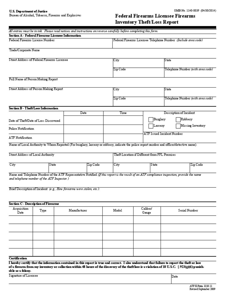 Atf F 3310 11 FFL Firearms Inventory Theft Loss Report | PDF | Bureau ...