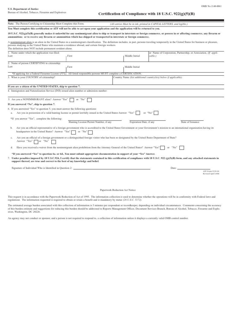 ATF Compliance Certification Form 5330.20 | PDF | Bureau Of Alcohol ...
