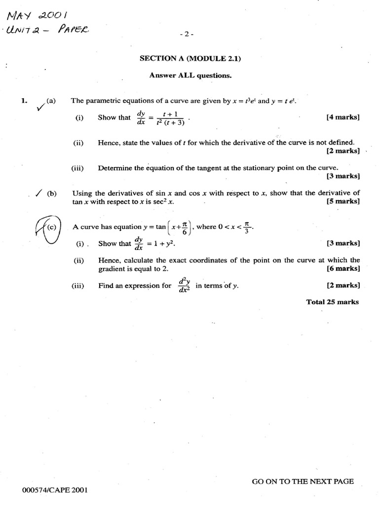 CAPE Pure Math Unit 2 Past Papers 2001-2011 | PDF