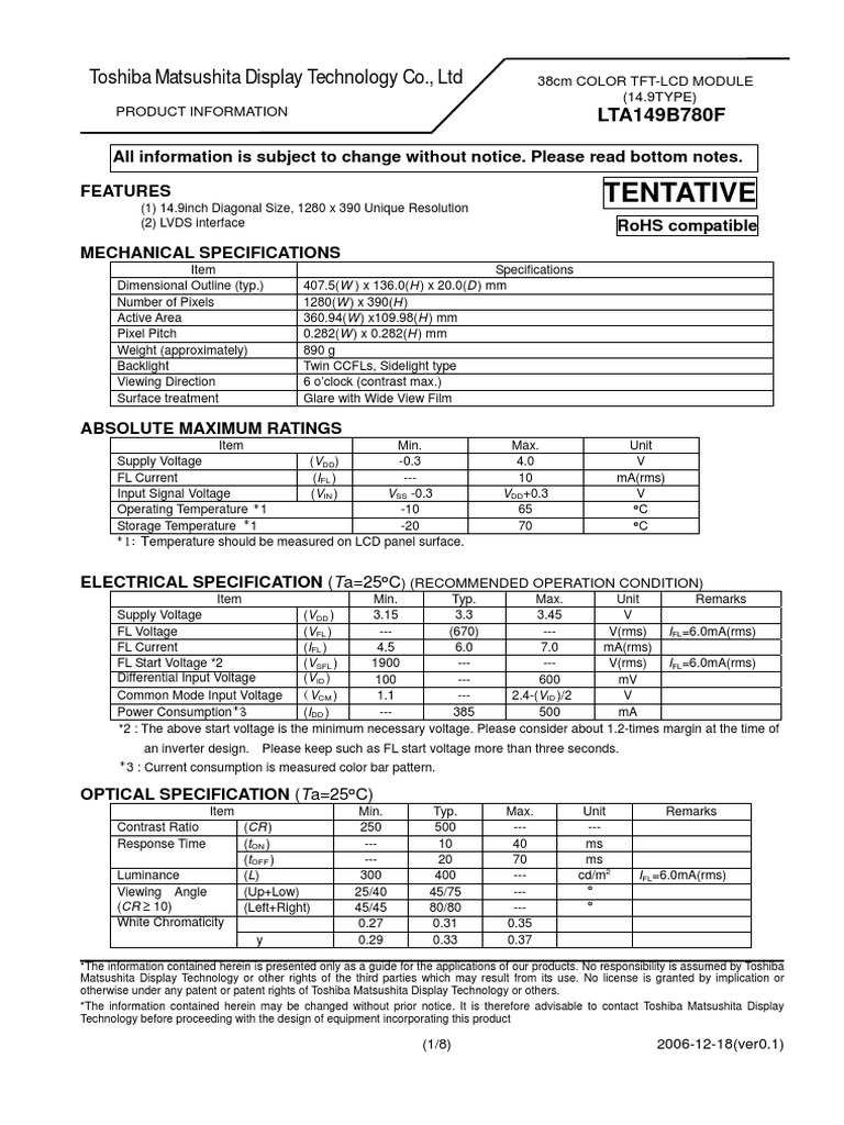 LTA149B780F LCD Panel Datasheet | PDF | Liquid Crystal Display | Thin ...