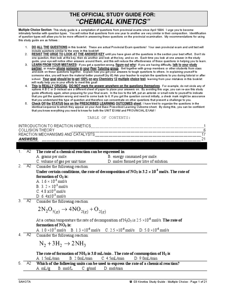 Reaction Kinetics Study Guide - Multiple Choice | PDF | Chemical ...