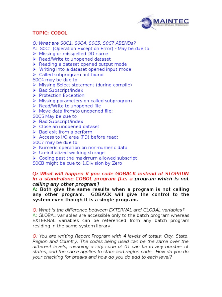 MAINTEC Mainframe Interview Questions | PDF | Parameter (Computer Programming) | Information ...