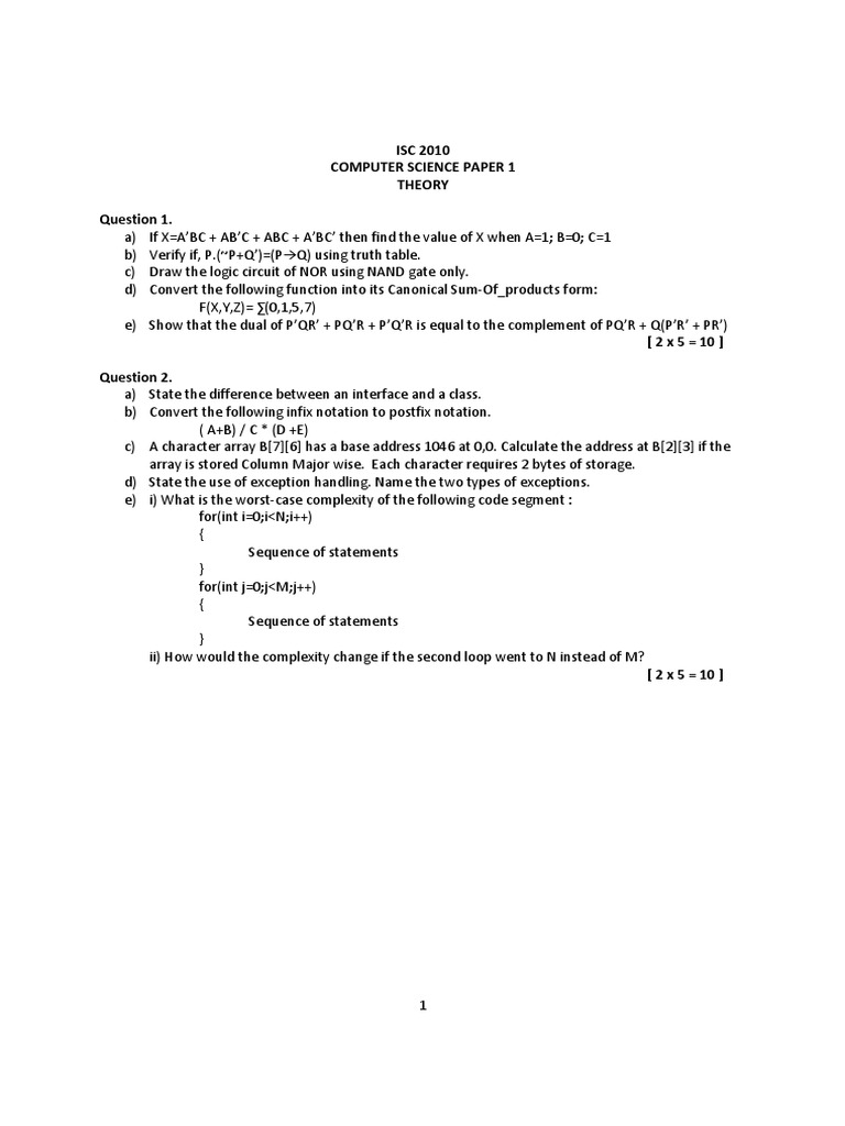 ISC 2010 Computer Science Paper 1 Theory | Download Free PDF | Teaching ...