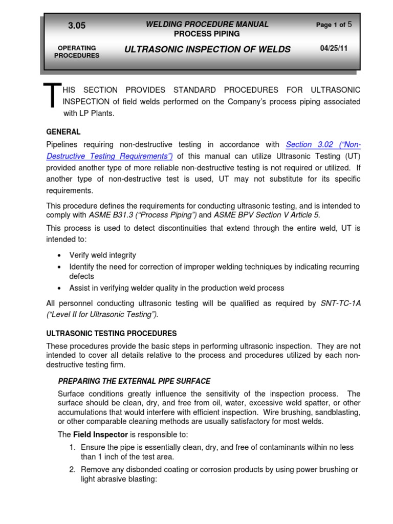 Ultrasonic Inspection of Welds: Section 3.02 ("Non-Destructive Testing ...
