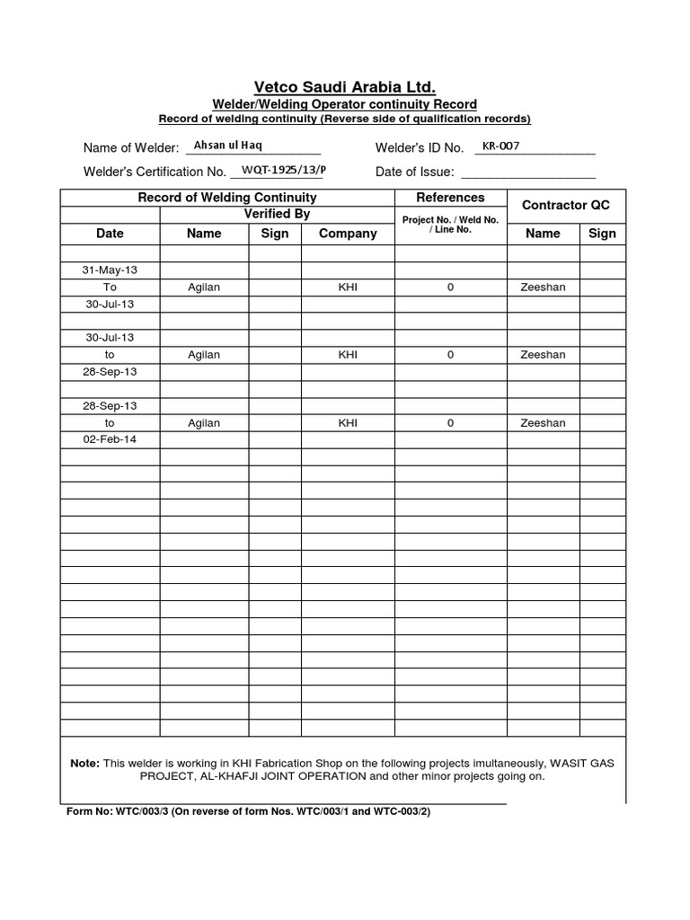 Vetco Saudi Arabia LTD.: Welder/Welding Operator Continuity Record | PDF | Technology & Engineering