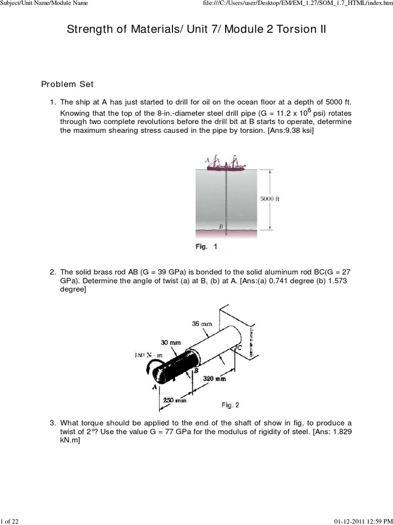 Strength of Materials/ Unit 7/ Module 2 Torsion II: Problem Set ...