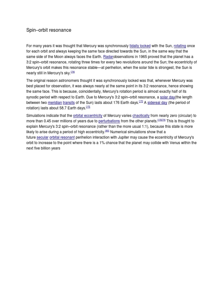 Spin - Orbit Resonance: Tidally Locked Rotating | PDF