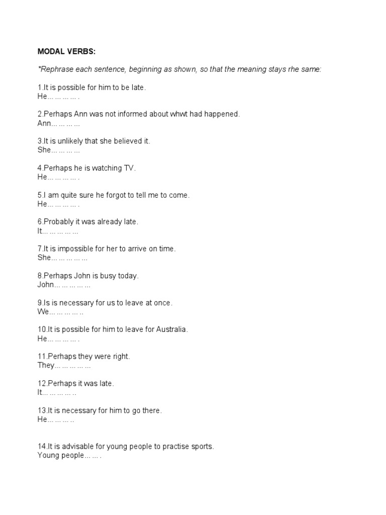 Exercises Rephrasing With Modal Verbs | PDF | Onomastics | Grammatical ...