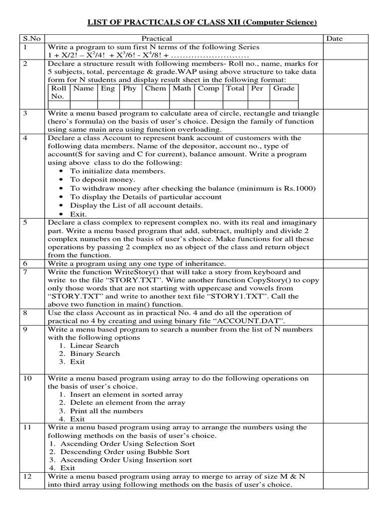 XII Computer SC Practical List | PDF | Matrix (Mathematics) | Deposit ...