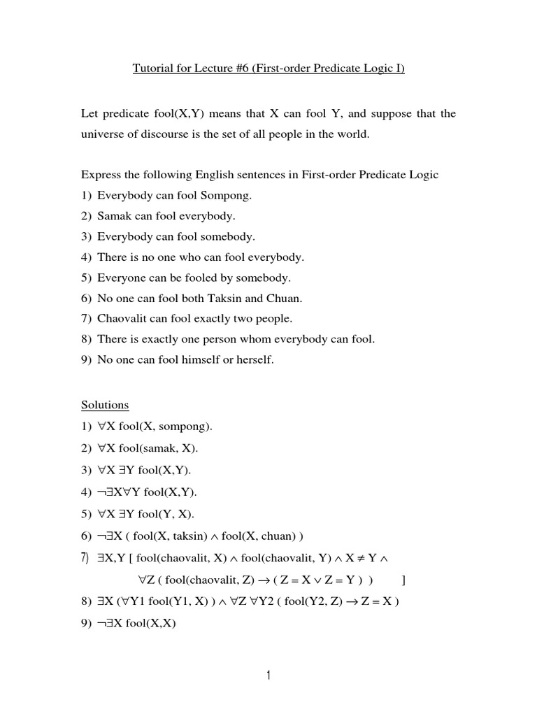 First-order Predicate Logic Tutorial for Lecture #6 (FOL I | PDF ... First-order Predicate Logic Tutorial for Lecture #6 (FOL I | PDF ...