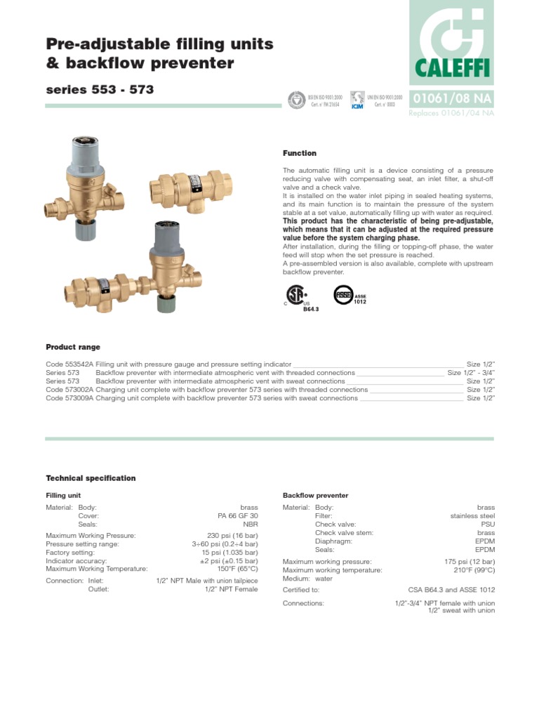 Caleffi Autofeed Backflow Valve Combination Brochure | Valve (919 views)