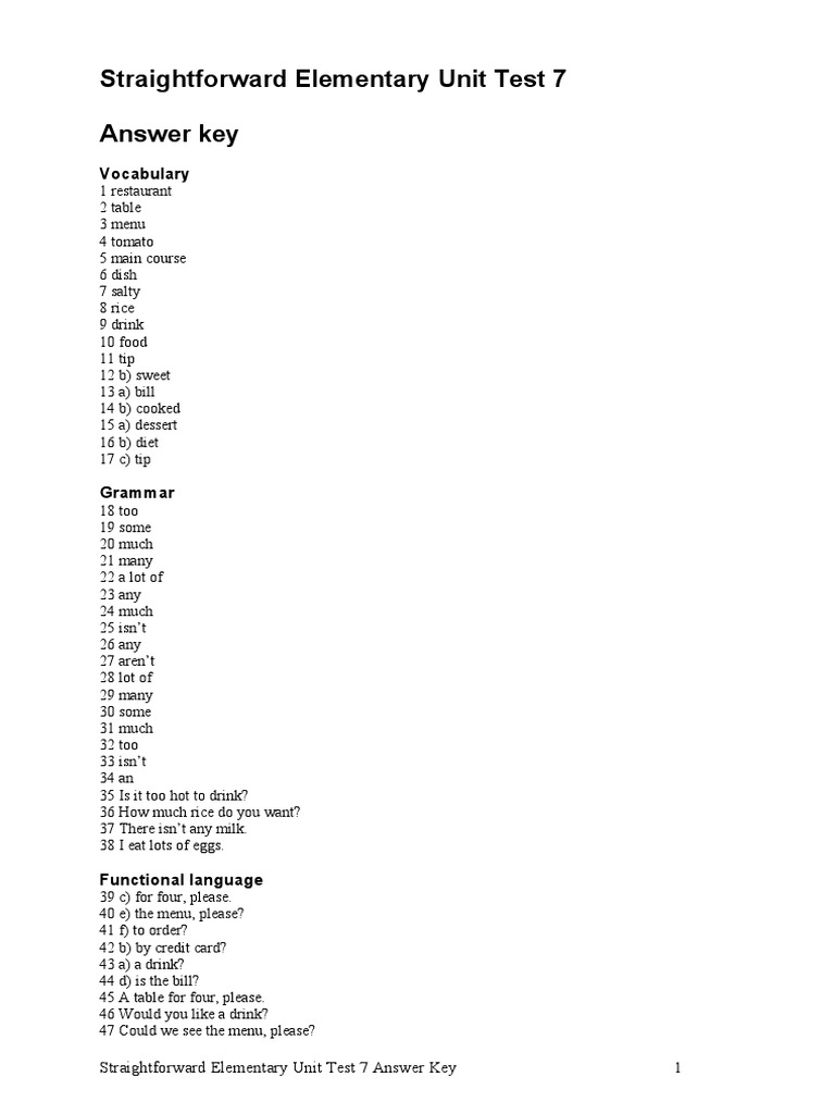 Straightforward Elementary Unit Test 7 Answer Key: Vocabulary | PDF