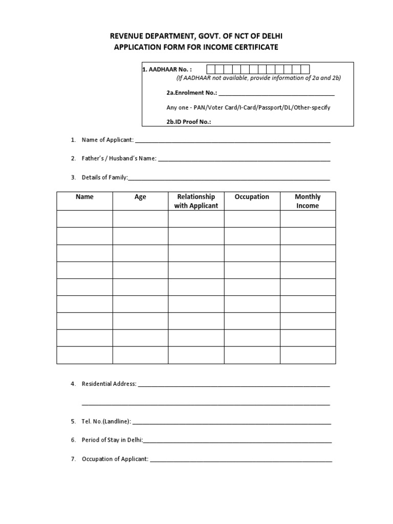 Revenue Department, Govt. of NCT of Delhi Application Form For Income ...