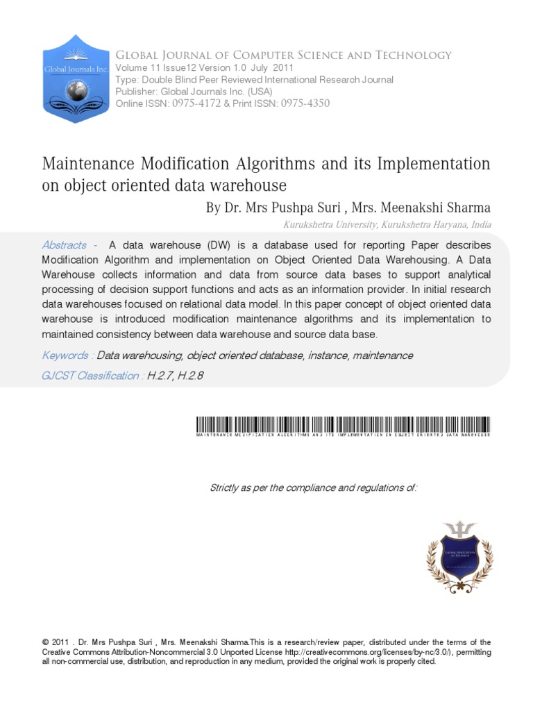 Maintenance Modification Algorithms and Its Implementation On Object Oriented Data Warehouse ...