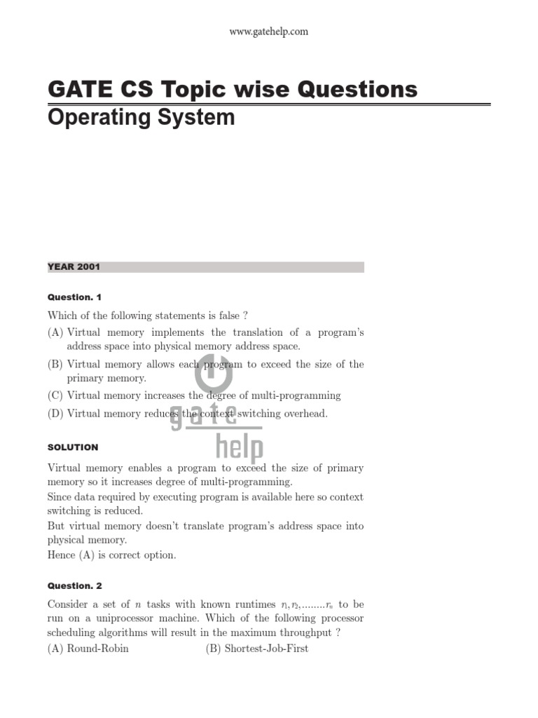 Operating System MCQS (GATE) | Download Free PDF | Cpu Cache | Scheduling (Computing)