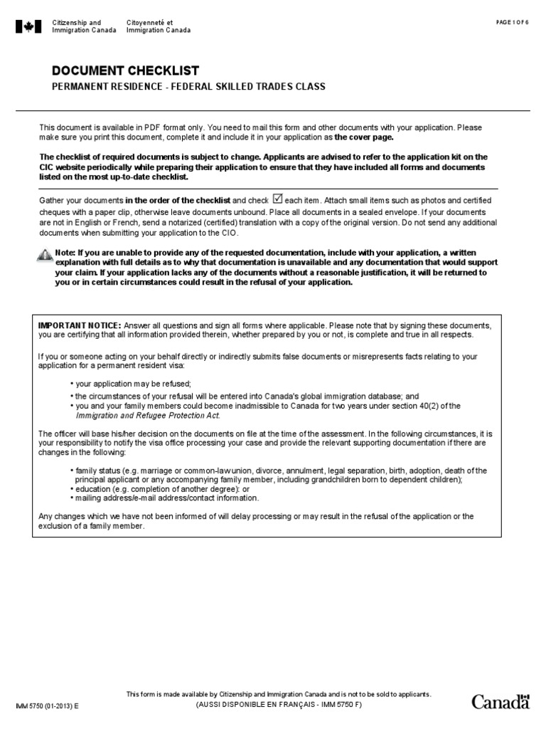 Document Checklist: Permanent Residence - Federal Skilled Trades Class ...
