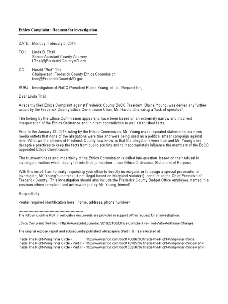 PDF : Ethics Investigation Request Template | Complaint | Government