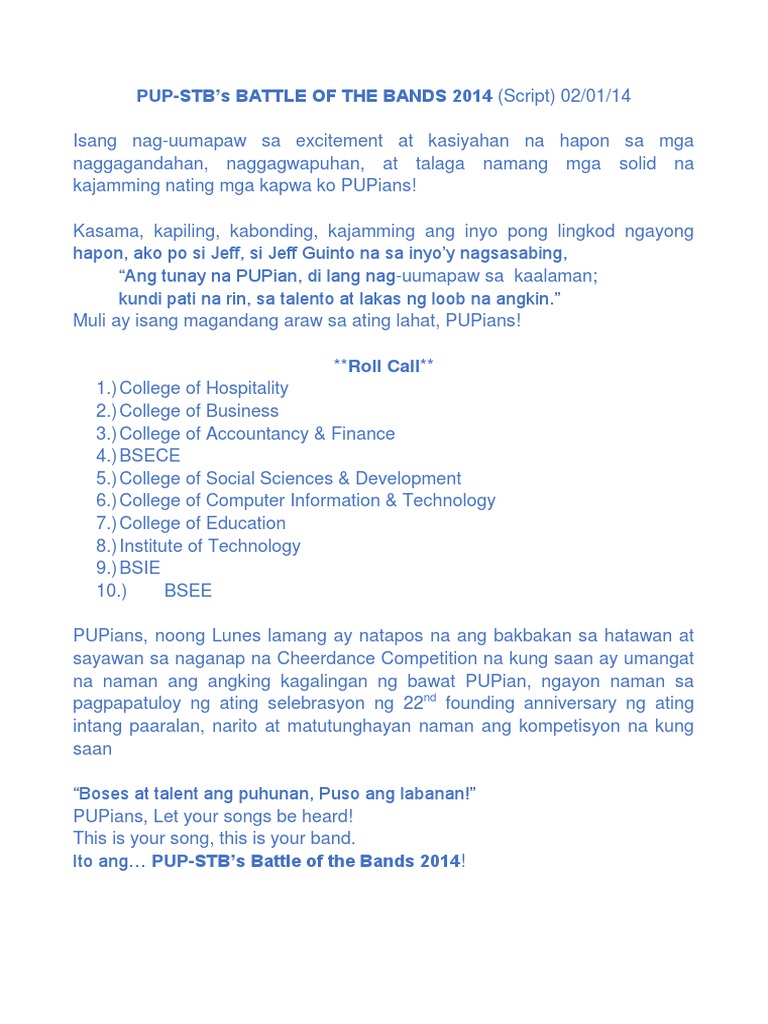 Battle of The Bands Script | PDF
