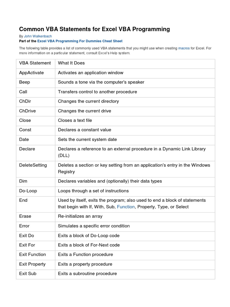 Common VBA Statements For Excel VBA Programming | PDF | Subroutine | Microsoft Excel