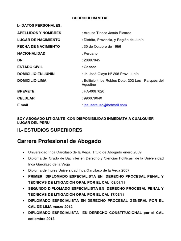 CV Abogado Actualizado | PDF | Ley procesal | Lima