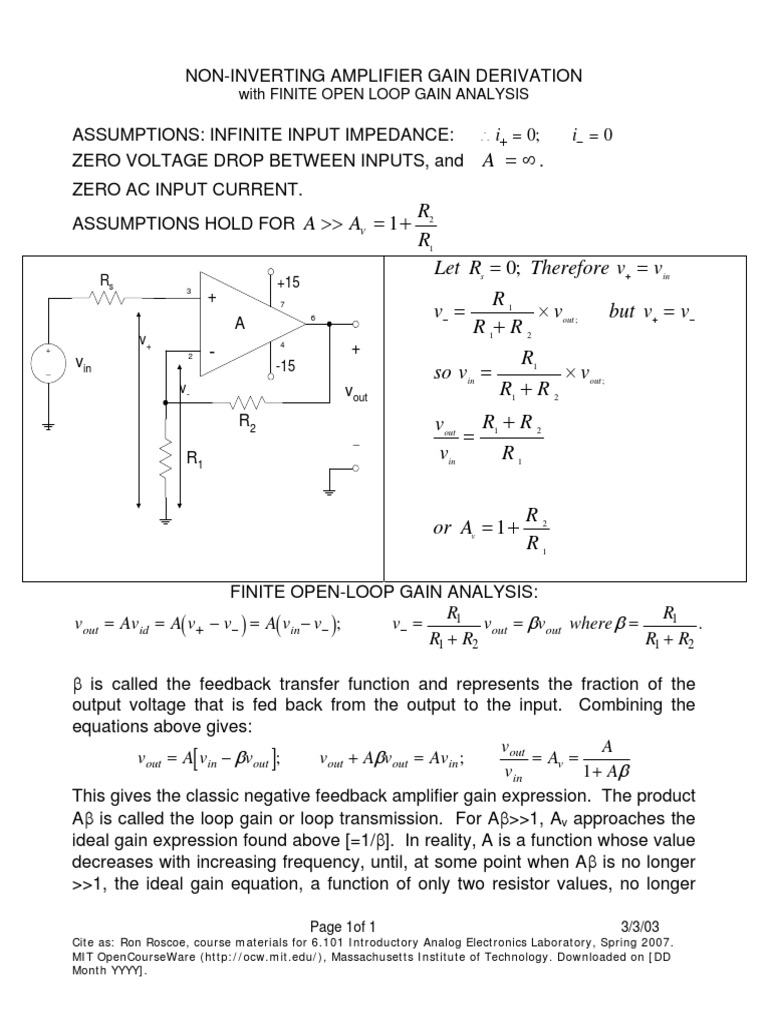 Non-Inverting Amplifier Gain Derivation | PDF