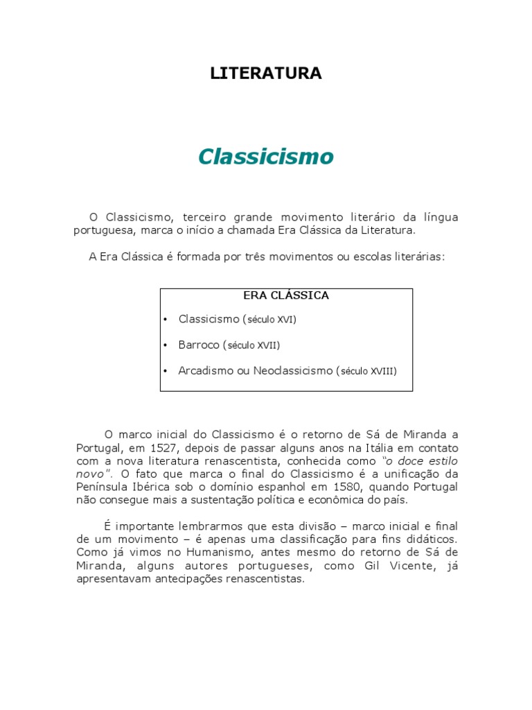 Classicismo Texto e Atividades | PDF | Renascimento | Classicismo